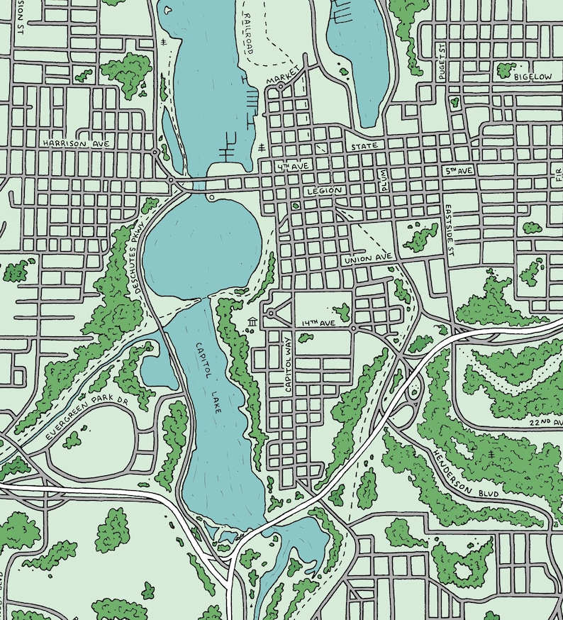 Road Map of Olympia, Washington | Hand-drawn | Digital, Printable ...