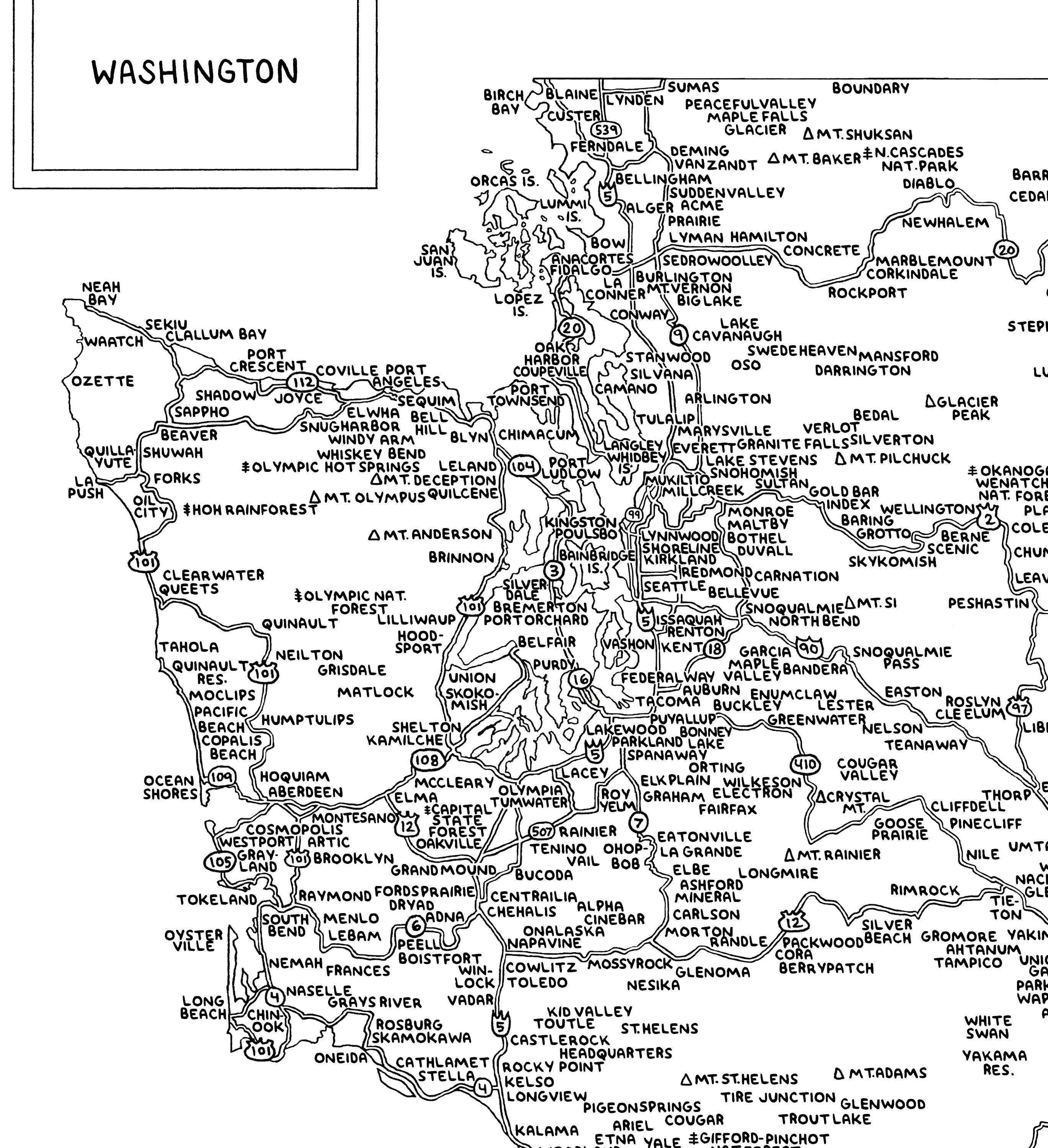 Road Map of Washington State | Highways and Interstates | Black & White ...