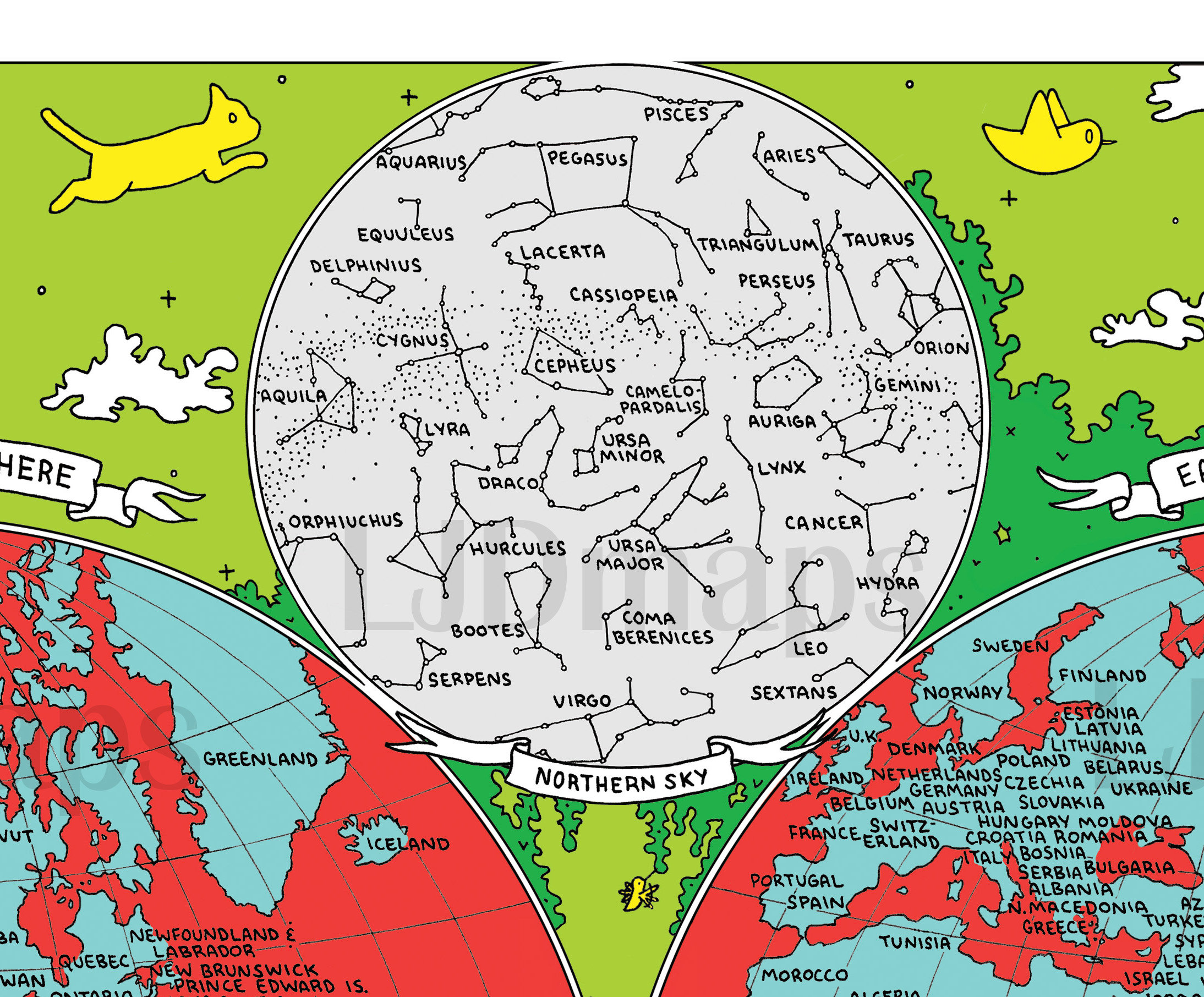 Map of the Earth and Constellations | 15x18 Inch Print | Printable ...