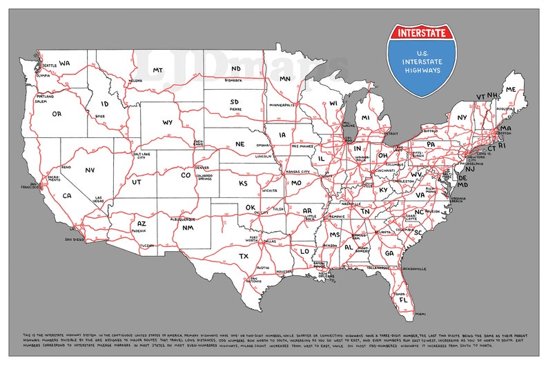 Hand-drawn US Interstate Highway Map | Digital, Printable Download - Etsy