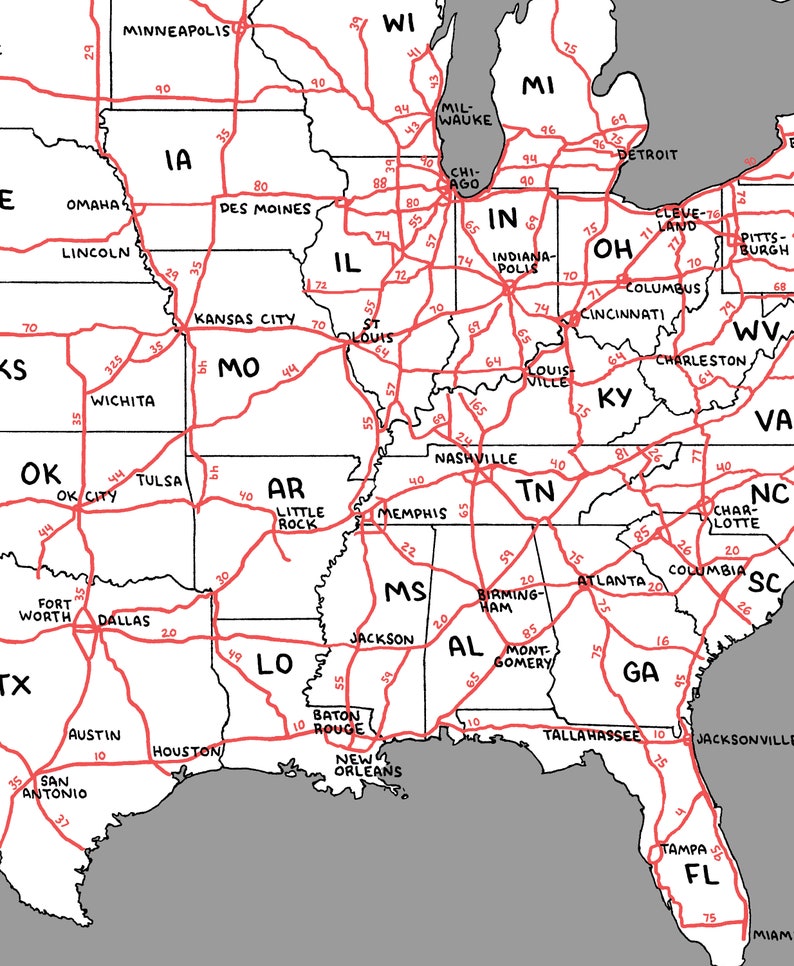 Hand-drawn US Interstate Highway Map | Digital, Printable Download - Etsy