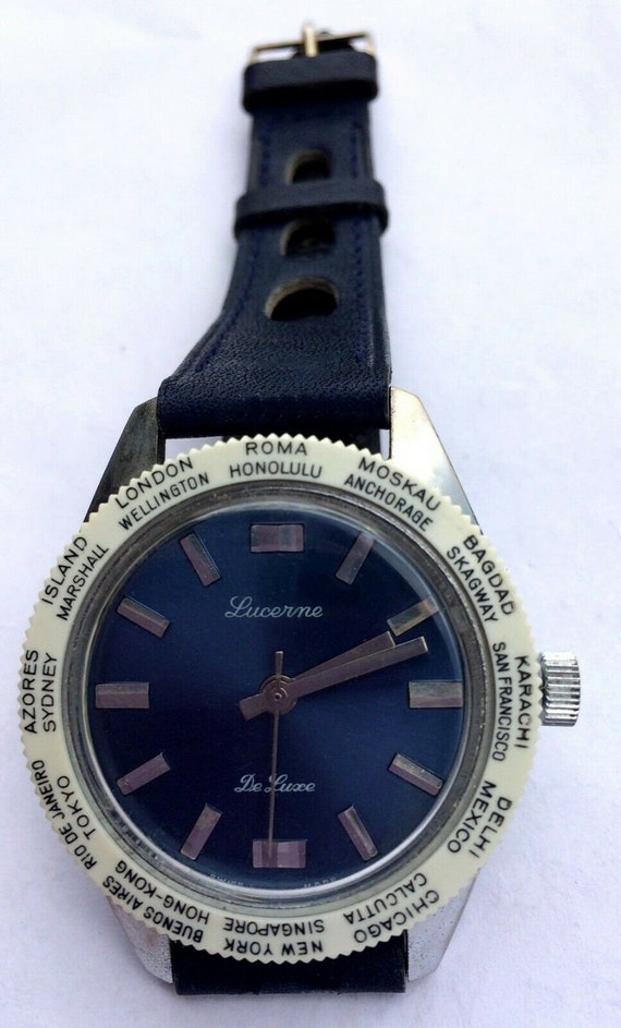 Lucerne de Luxe World Timer Dial Vintage Watch - Blue… - Gem