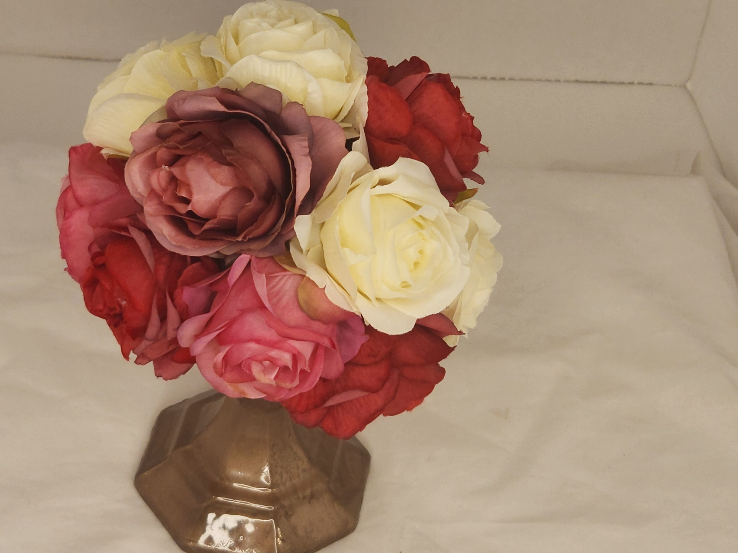 White and Pink Faux Open Roses Bouquet ,multi-color Artificial Flowers ...