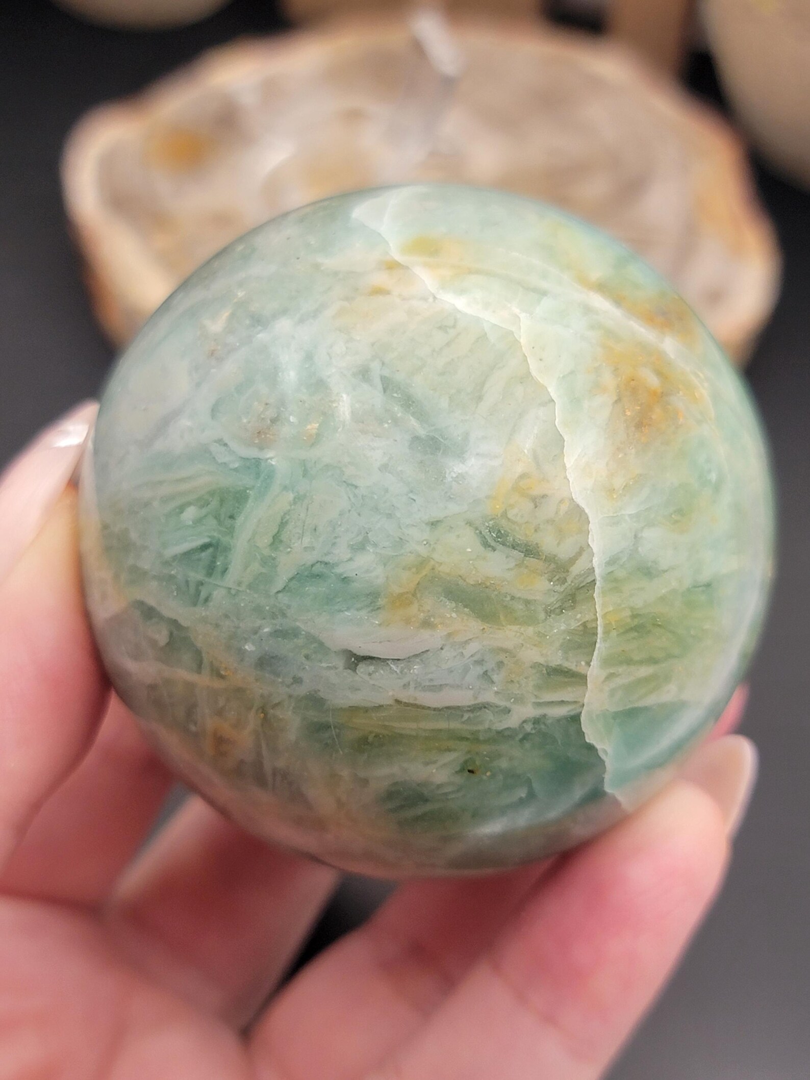 Green Quartz Sphere – Textured With Fibrous Layers and Subtle Color ...