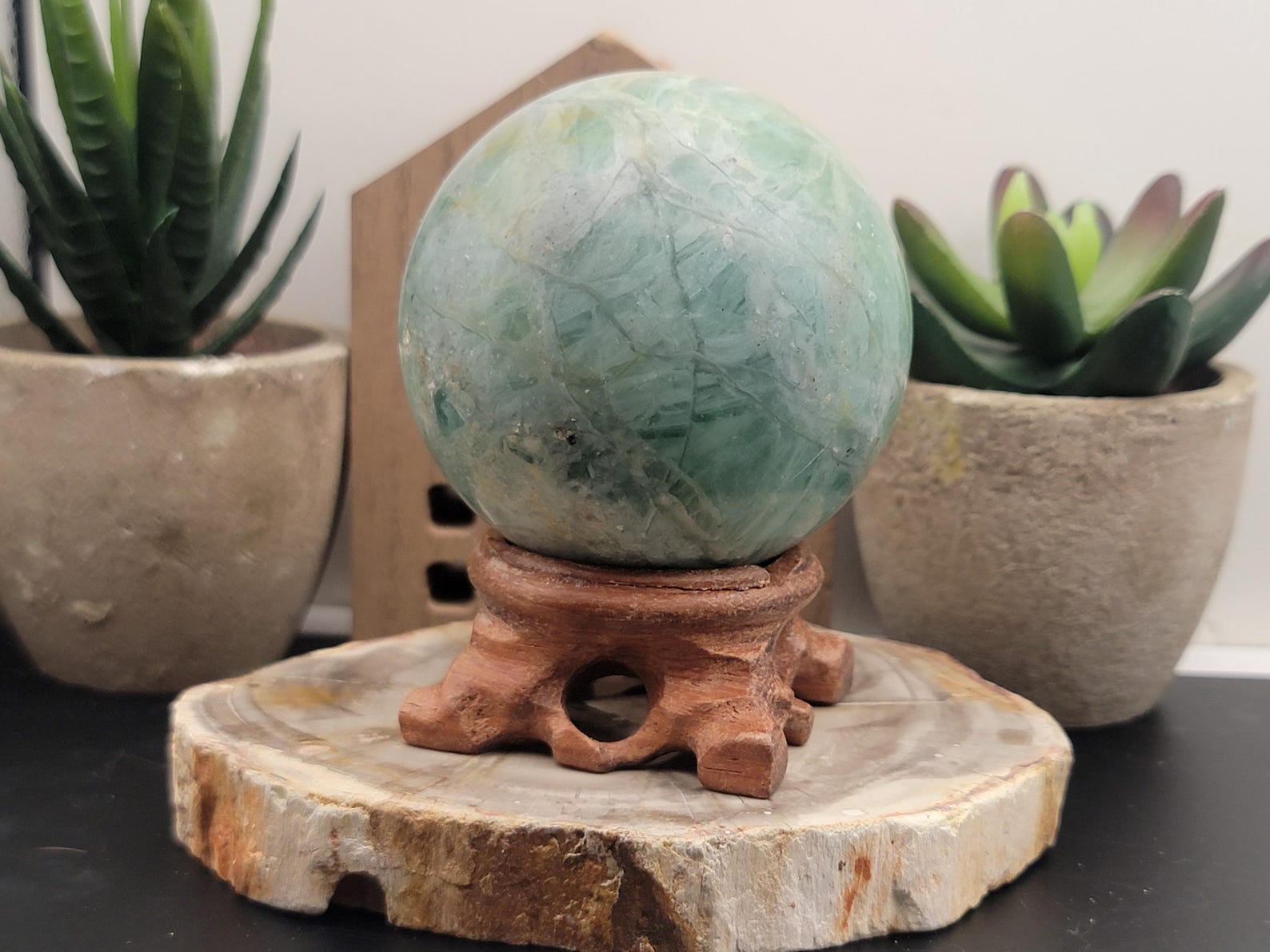 Green Quartz Sphere – Textured With Fibrous Layers and Subtle Color ...