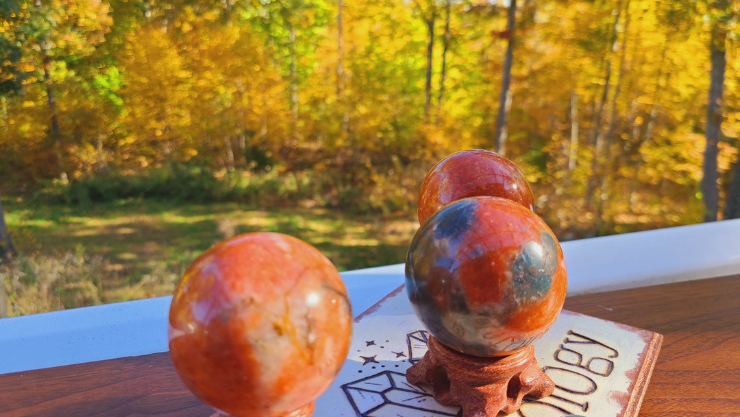 Blue Apatite and Orange Calcite - Sunstone Sphere - Crystal Spheres ...