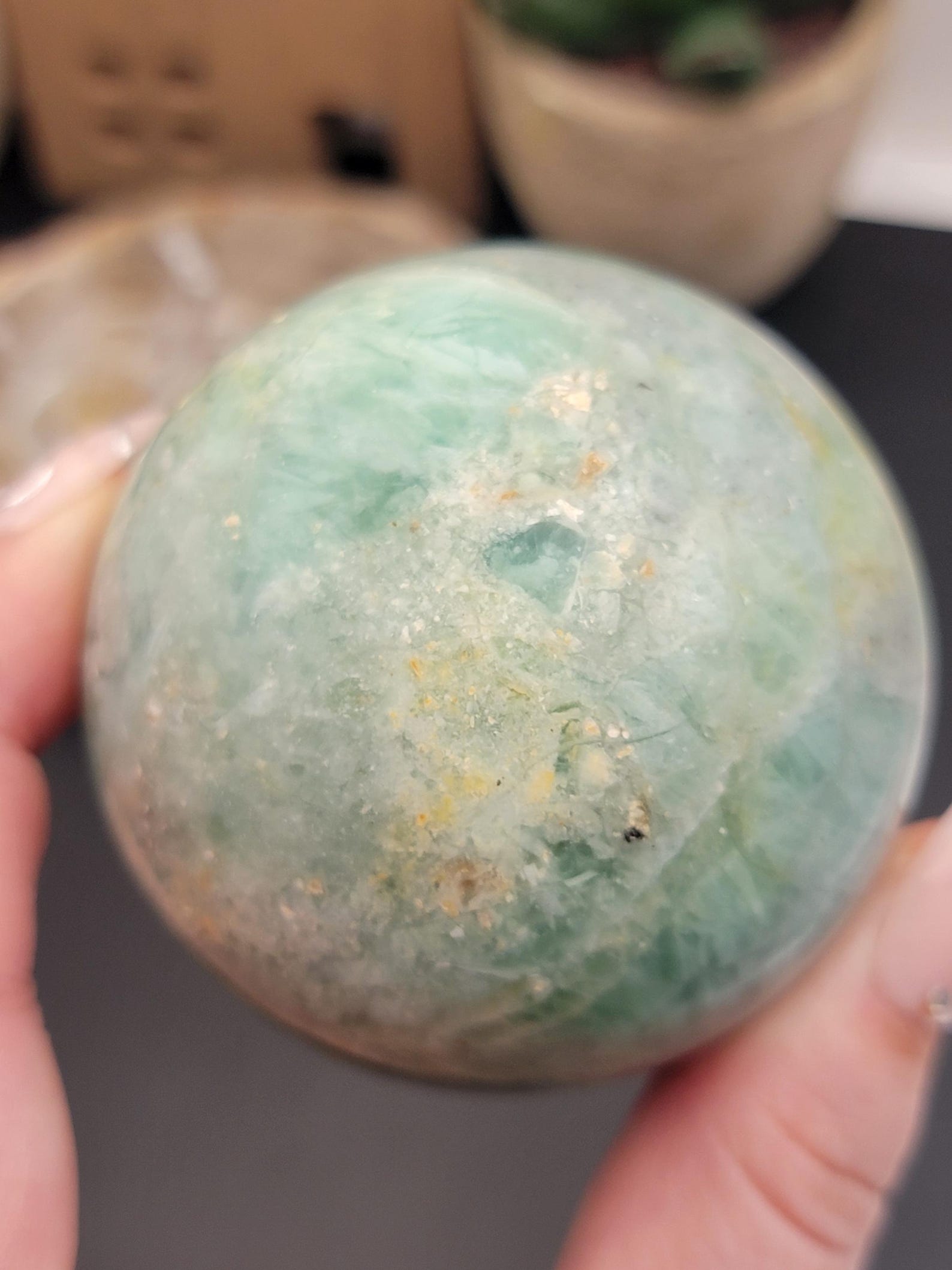 Green Quartz Sphere – Textured With Fibrous Layers and Subtle Color ...