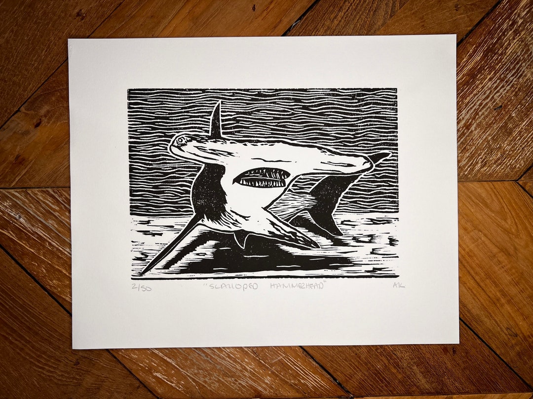 Scalloped Hammerhead Shark Linocut Print - Etsy