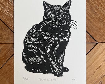 Snoozing Black Cat. Gorgeous Hand Printed Linocut of a Cat Dozing on a ...