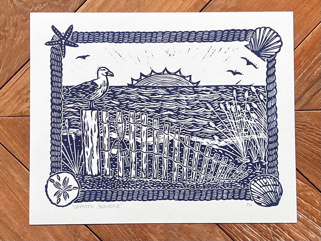 Coastal Sunrise Linocut Print - Etsy