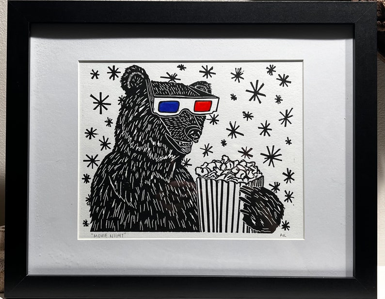 Movie Night Linocut Print - Etsy