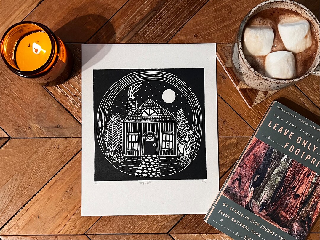 Hygge Cabin in the Woods Linocut Print - Etsy