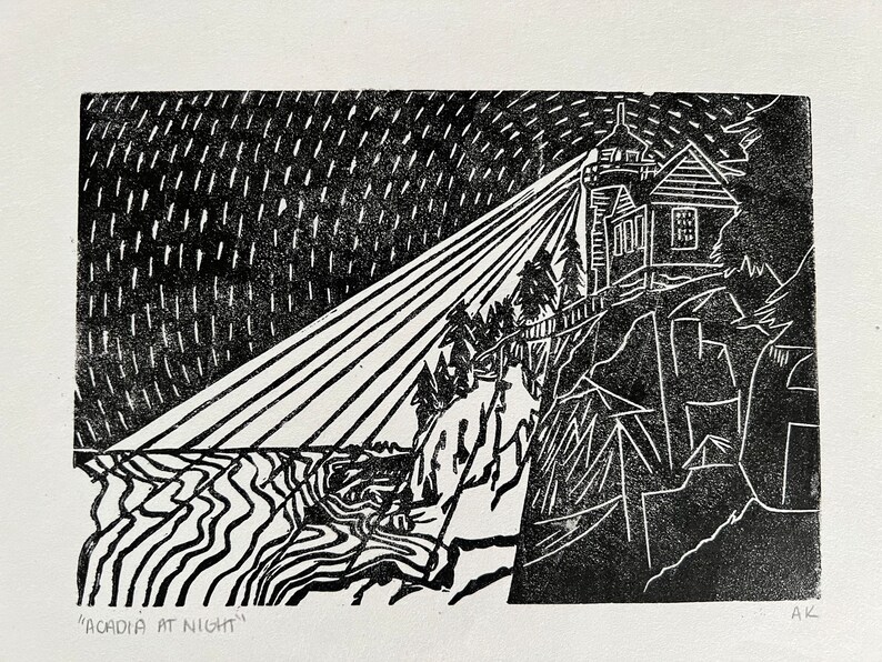 Acadia National Park at Night (bass Harbor Head Lighthouse) Linocut ...