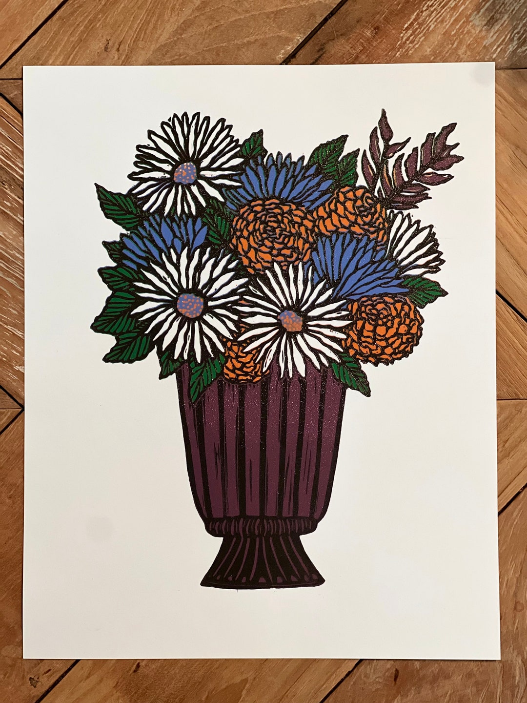 Fall Flower Bouquet Linocut Art Print - Etsy