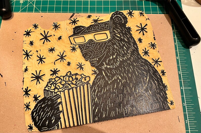 Movie Night Linocut Print - Etsy