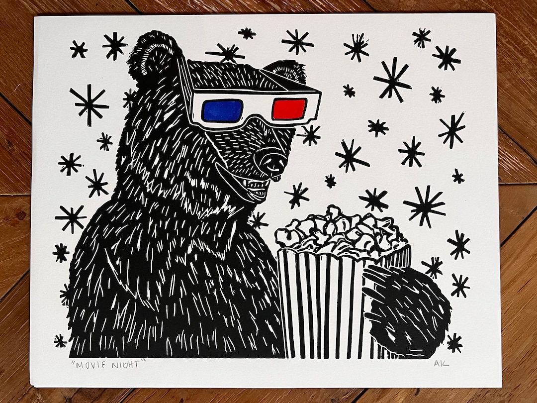 Movie Night Linocut Print - Etsy