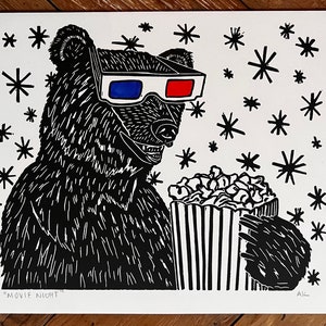 Movie Night Linocut Print - Etsy