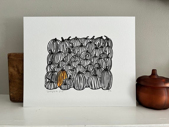 Pumpkin Pile Fall Linocut Print - Etsy