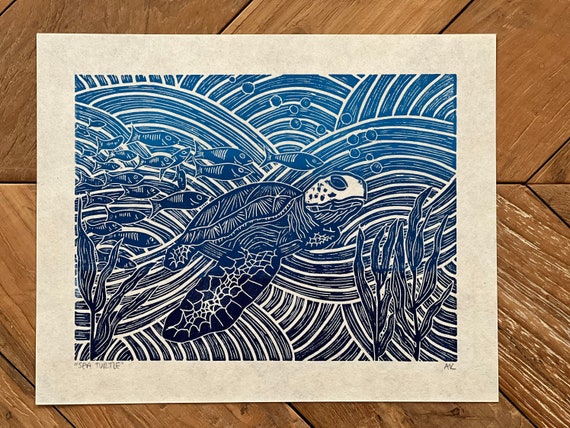 Sea Turtle Linocut Print - Etsy