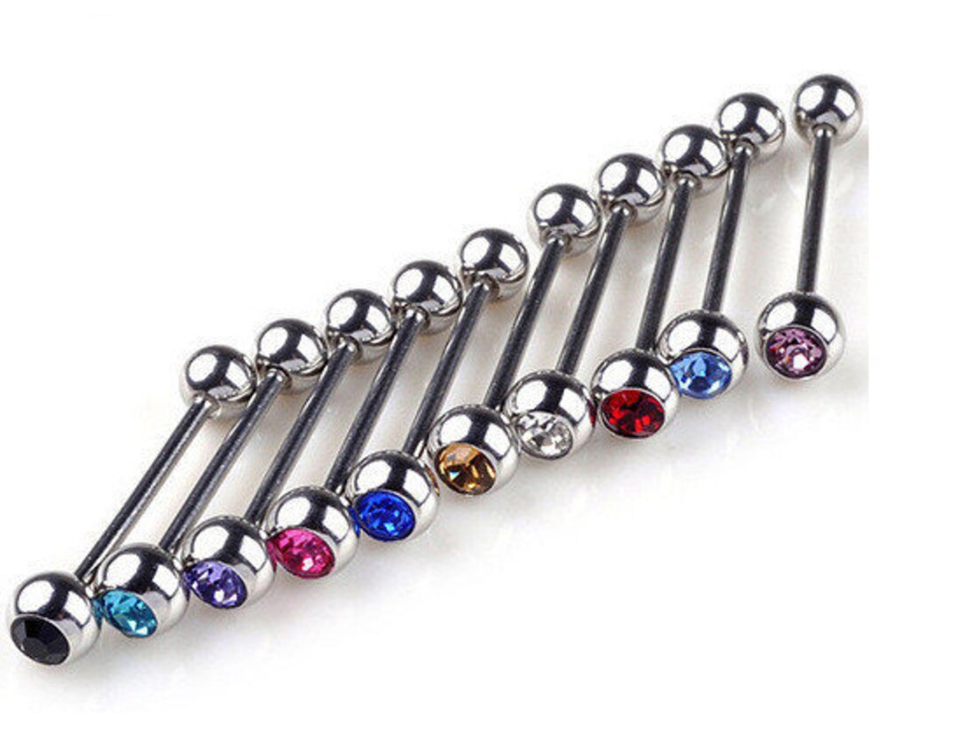 10-20pcs • 14g Tongue Ring • CZ Gemstone • Straight Barbell • 316L ...