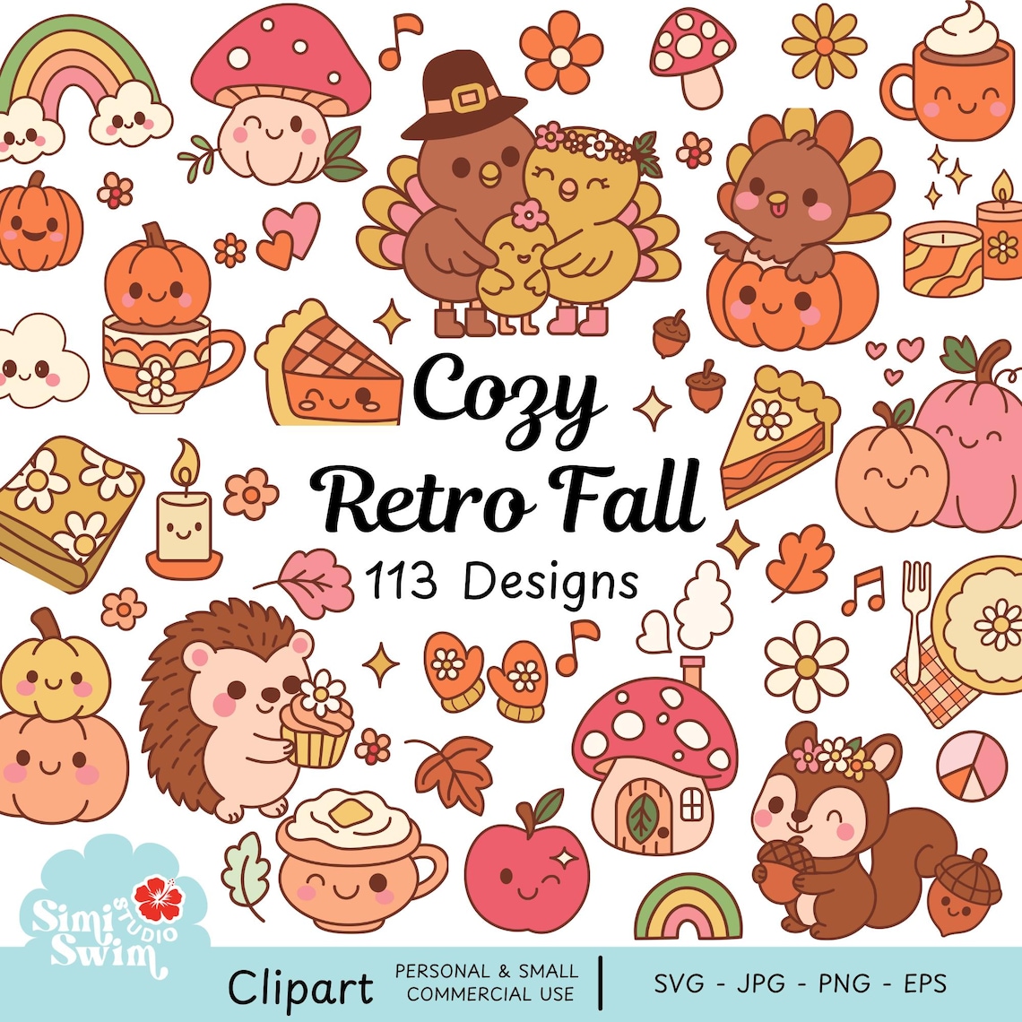 Retro Fall Clipart Bundle | Kawaii Autumn Animals, Thanksgiving (SVG ...