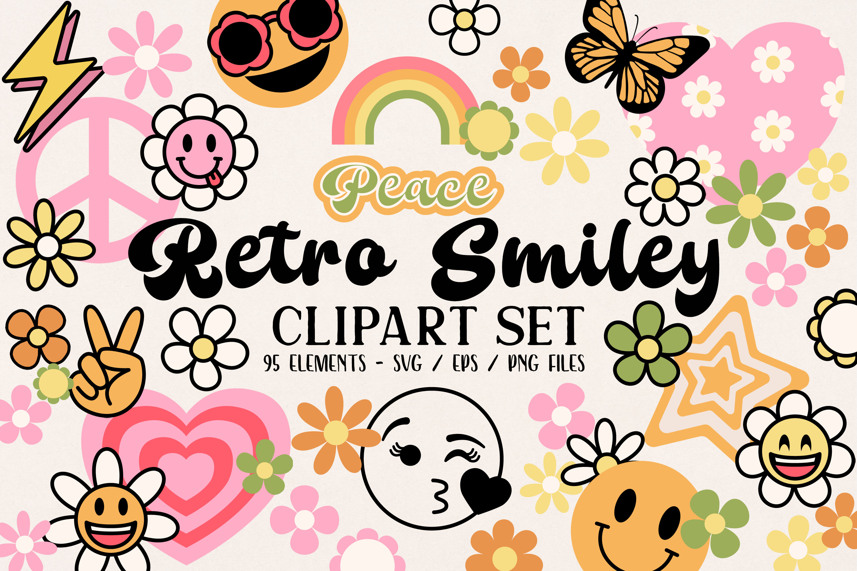 Retro Happy Smiles Clipart – Pastel Retro – Boho Hippie SVG PNG EPS ...