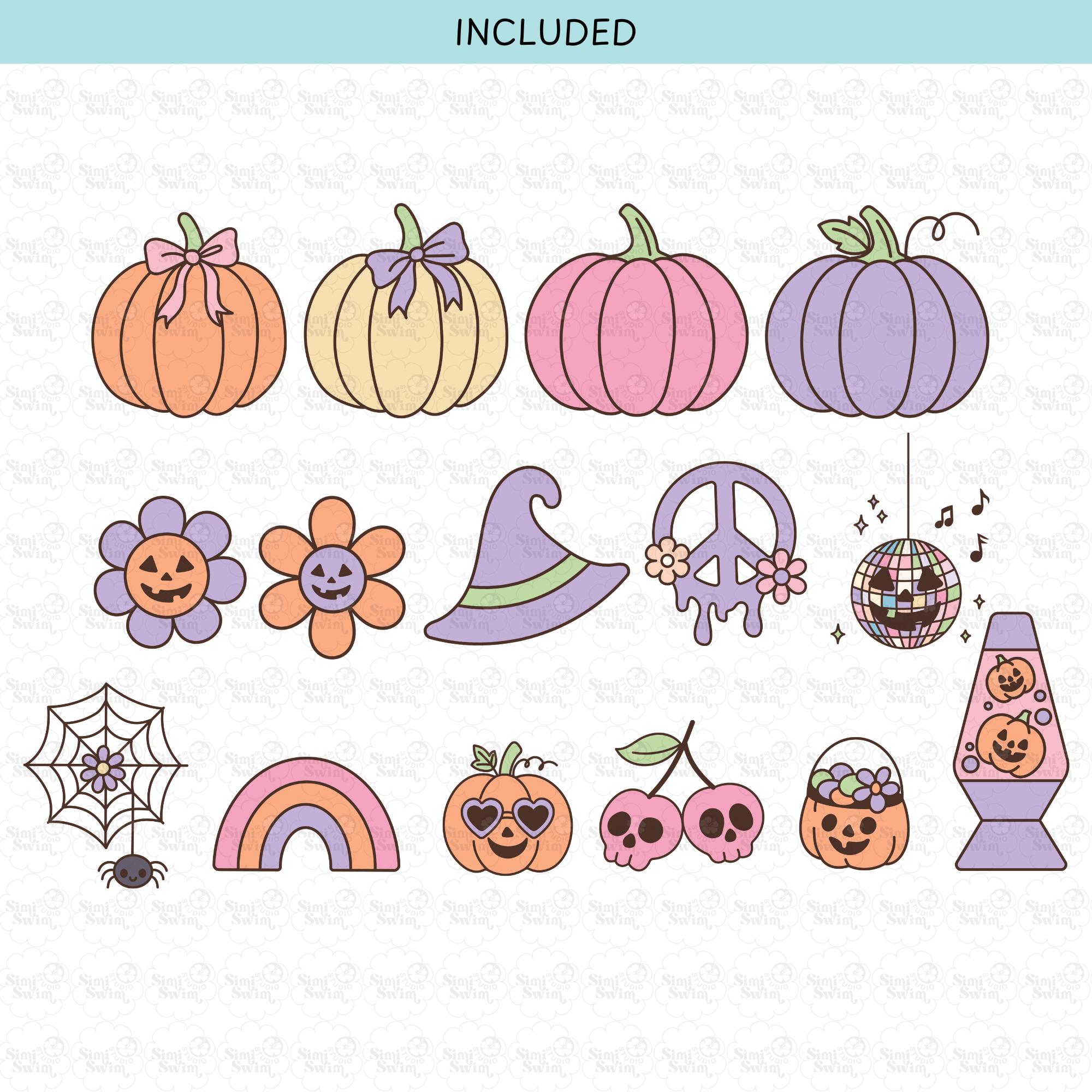 Groovy Halloween Clipart: Retro Kawaii Ghosts, Skeletons (SVG, PNG, EPS ...