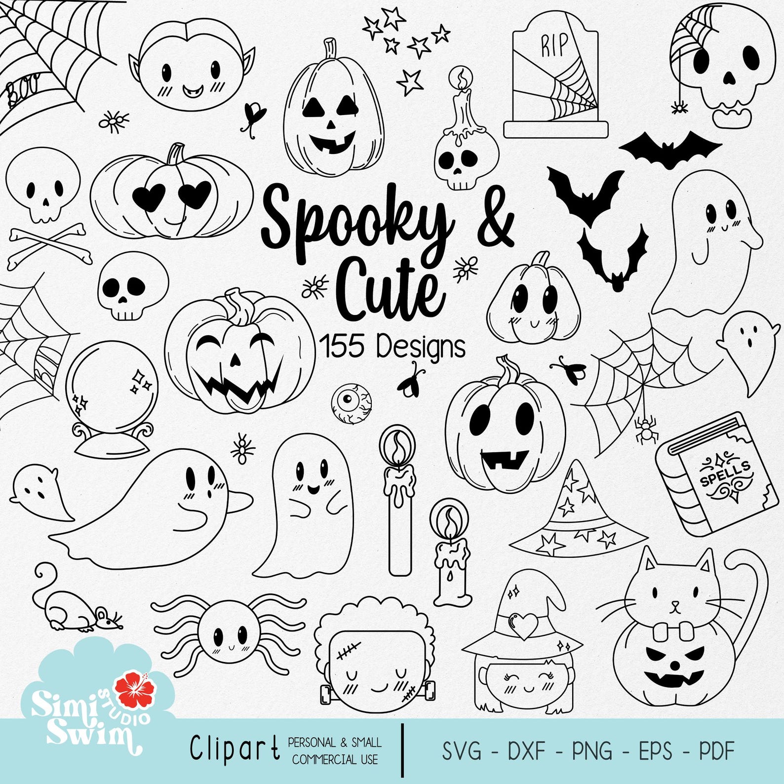 Spooky Cute Halloween Black Lined Clipart Svg | Spooky Svg Clipart ...
