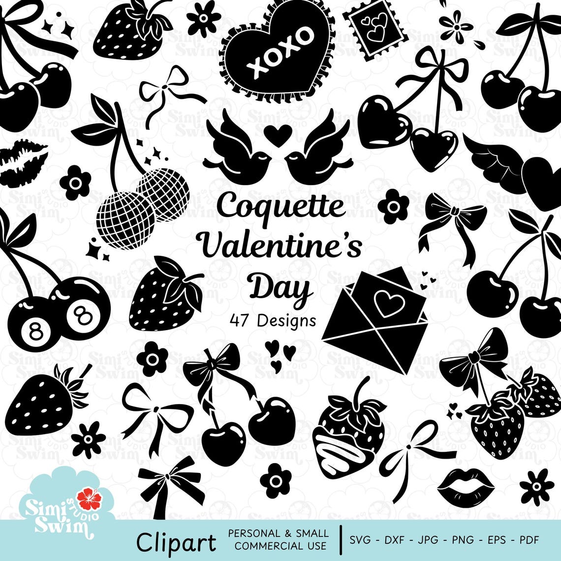 Coquette Valentine's Clipart Set - Black Silhouette Cherries ...
