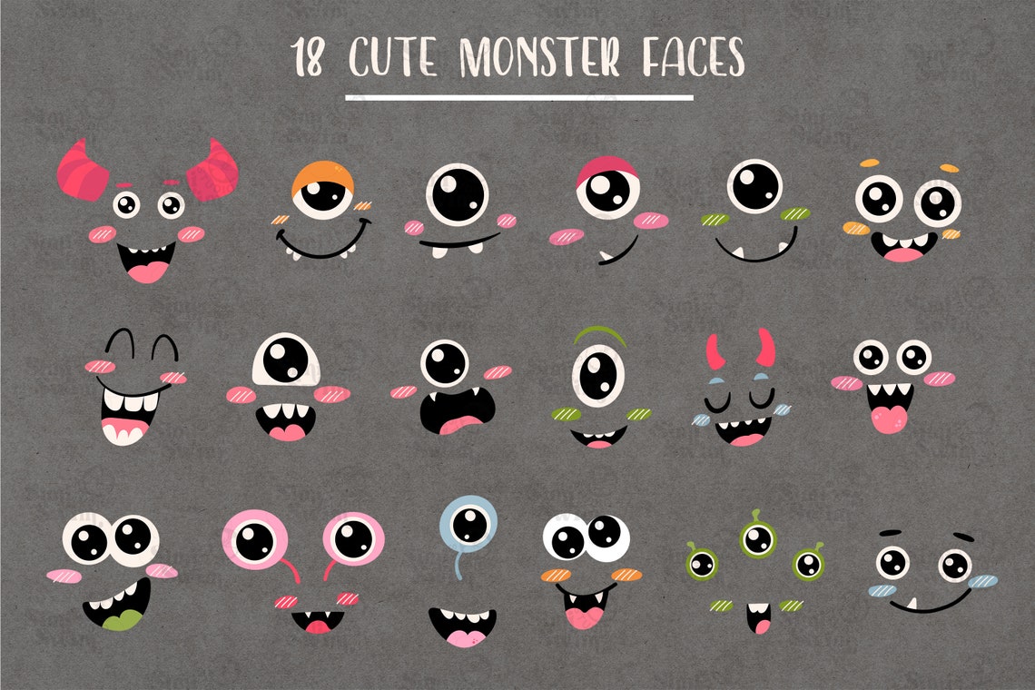 Cute Halloween Monster Faces Clipart Svg | Cute Halloween Svg | Face ...