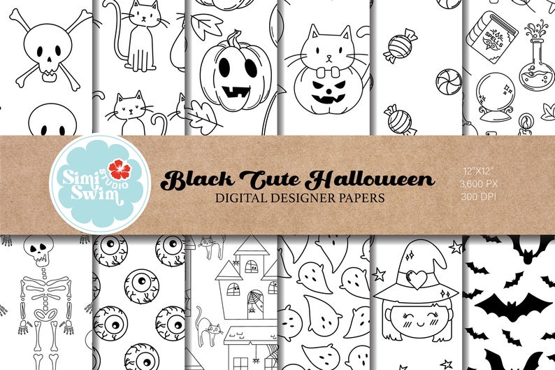 Spooky Cute Black Line Halloween Digital Papers, Spooky Cute Pattern ...