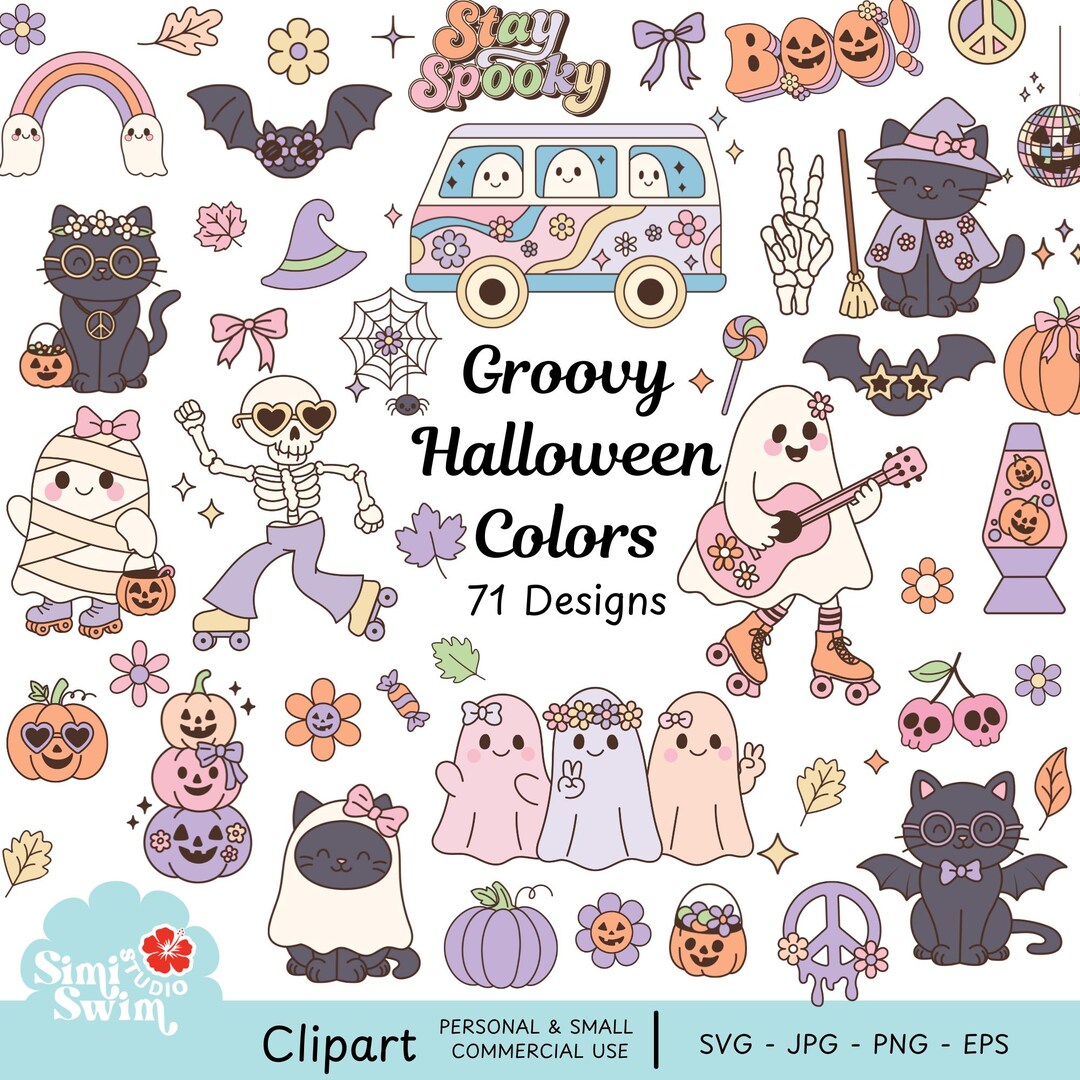 Groovy Halloween Clipart: Retro Kawaii Ghosts, Skeletons (SVG, PNG, EPS ...