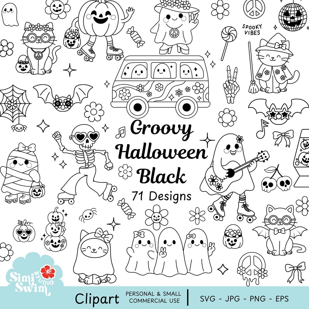 Retro Halloween Clipart Bundle: 71 Groovy Line Art Graphics (SVG, PNG ...