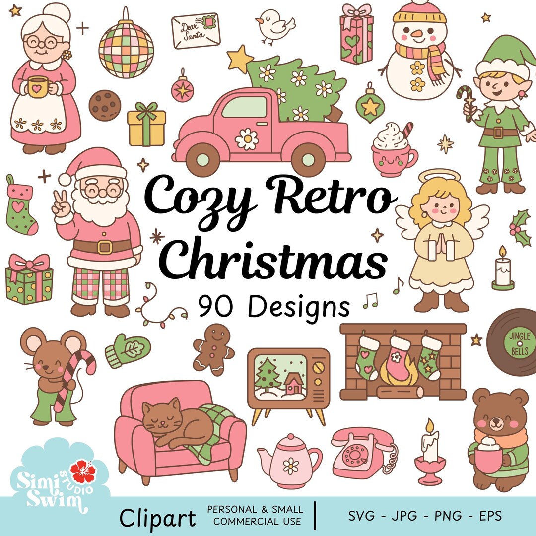 Retro Christmas Clipart Bundle | Vintage Santa, Cozy Holiday Graphics ...