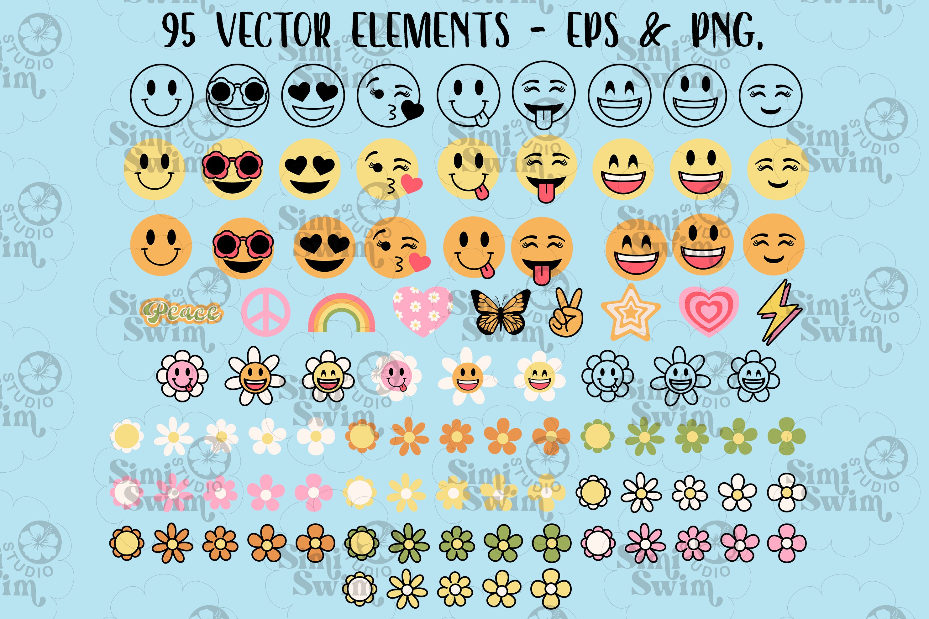 Retro Happy Smiles Clipart Pastel Retro Boho Hippie SVG PNG EPS Clip ...