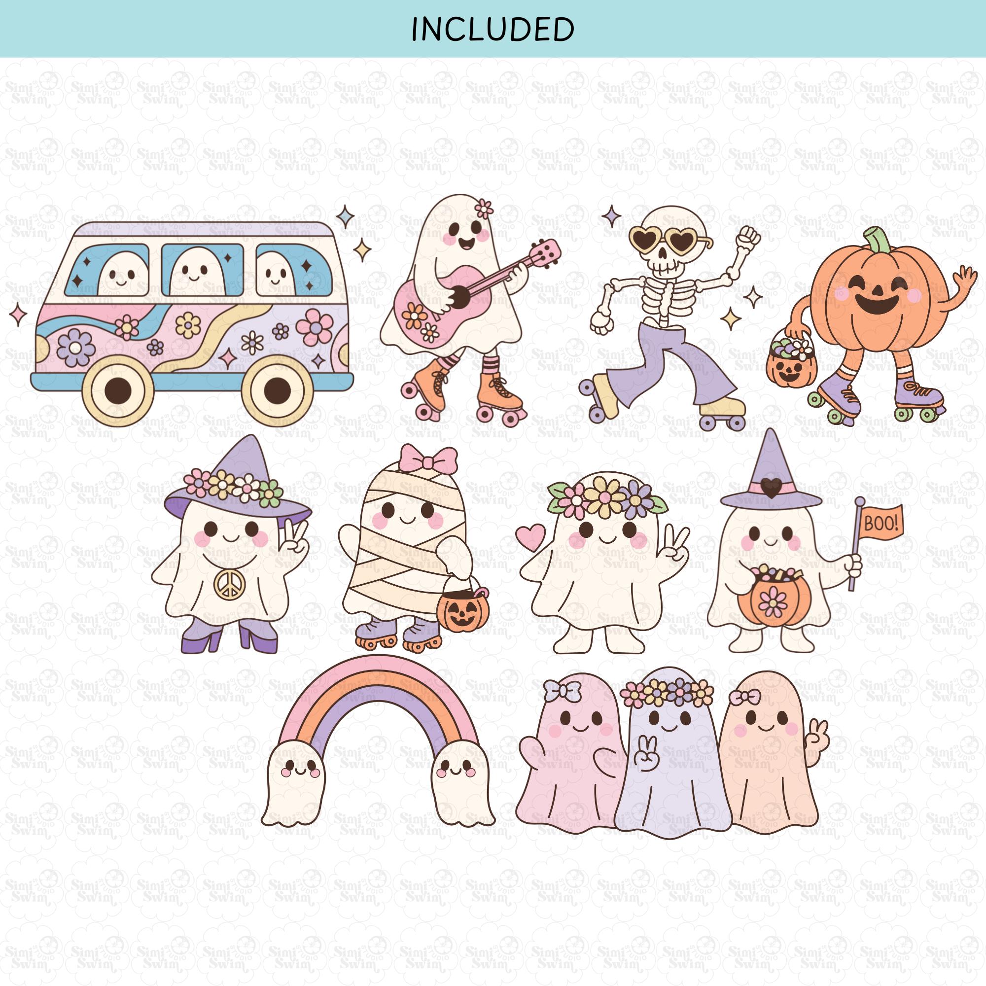 Groovy Halloween Clipart: Retro Kawaii Ghosts, Skeletons (SVG, PNG, EPS ...