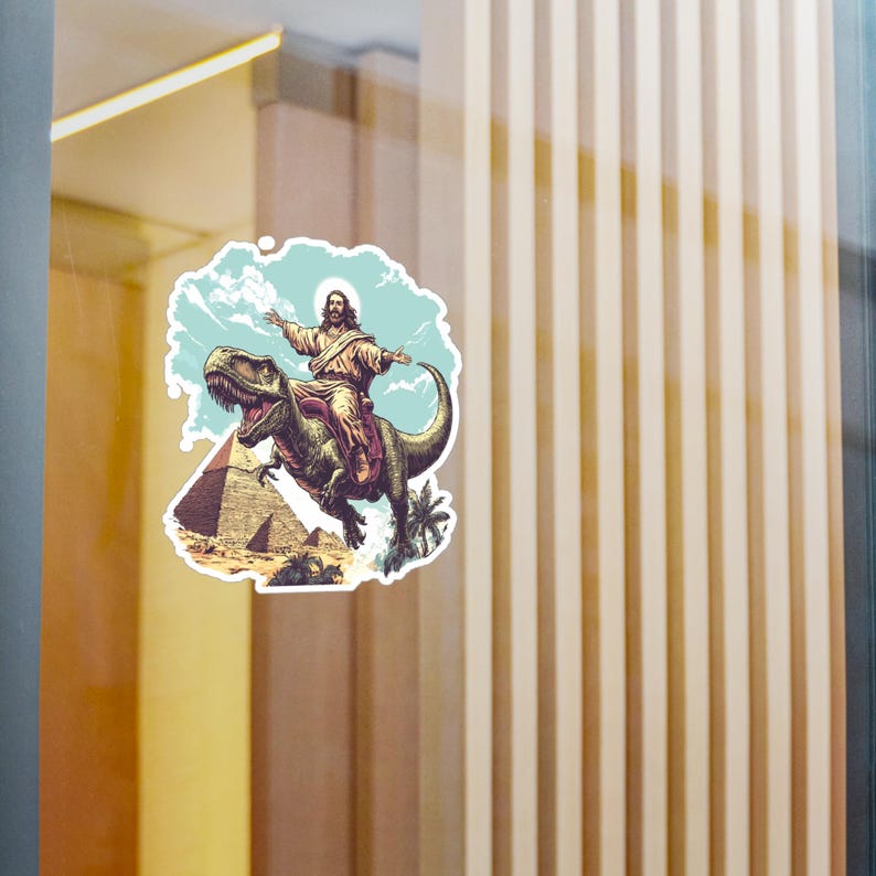 Jesus Riding a T-rex Dinosaur - Vinyl Sticker / Decal - 4 Sizes - Funny ...
