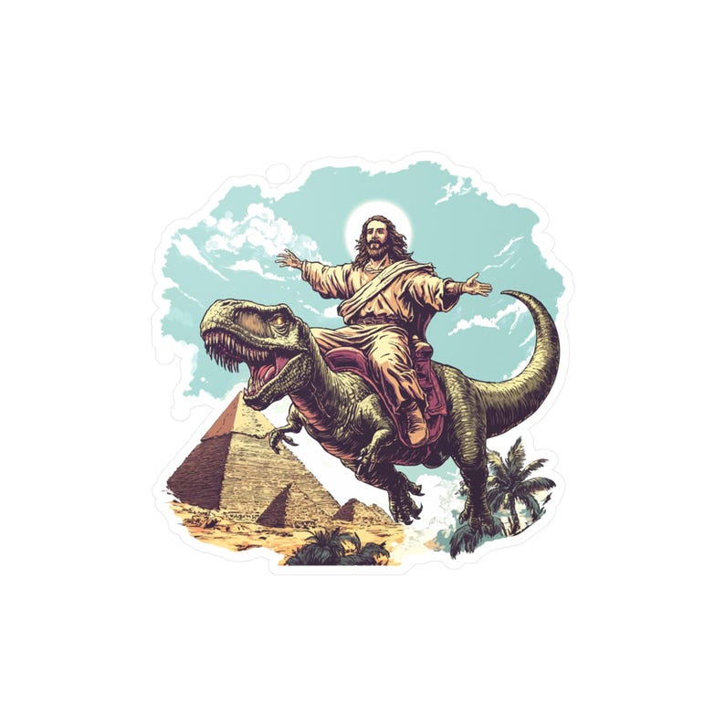 Jesus Riding a T-rex Dinosaur - Vinyl Sticker / Decal - 4 Sizes - Funny ...