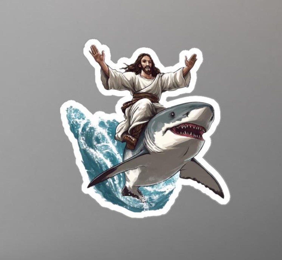 Jesus Riding a Shark - Vinyl Sticker / Decal - 4 Sizes - Funny ...