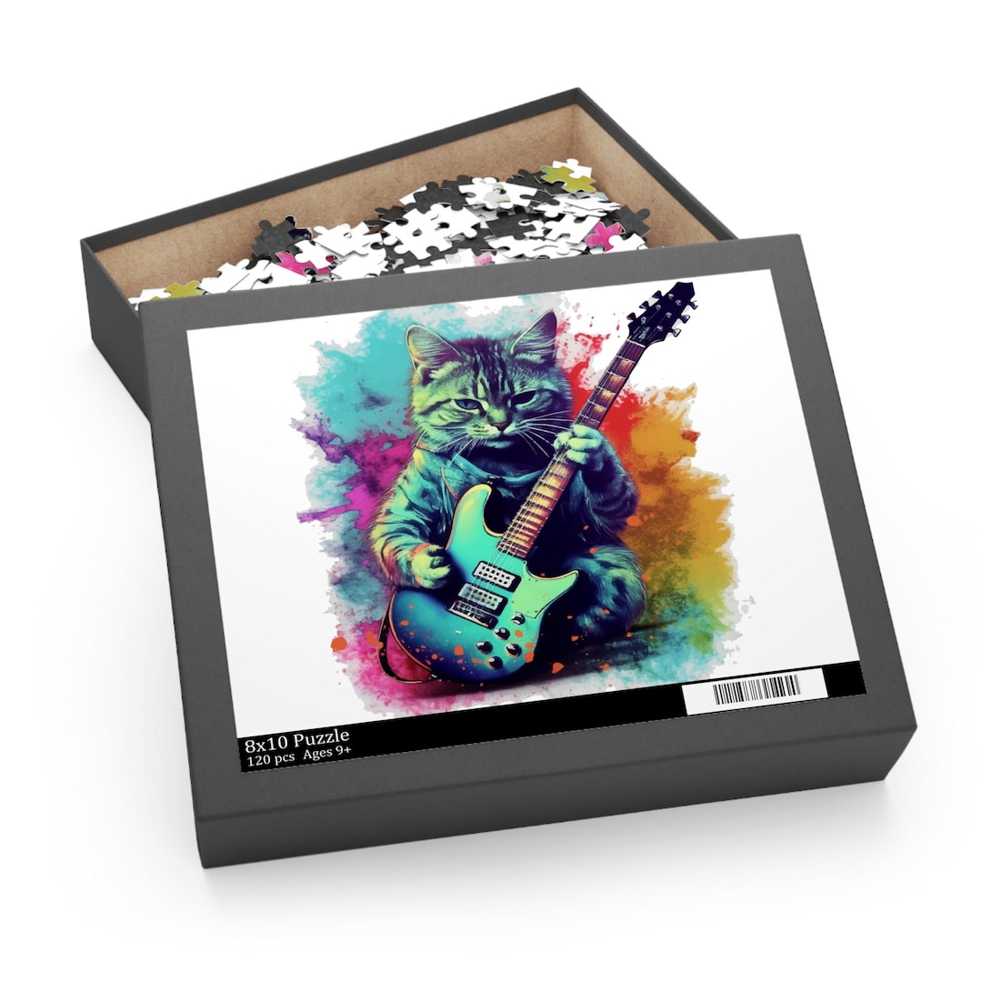 Rockstar Cat Playing Electric Guitar Jigsaw Puzzle | Colorful Music Art ...