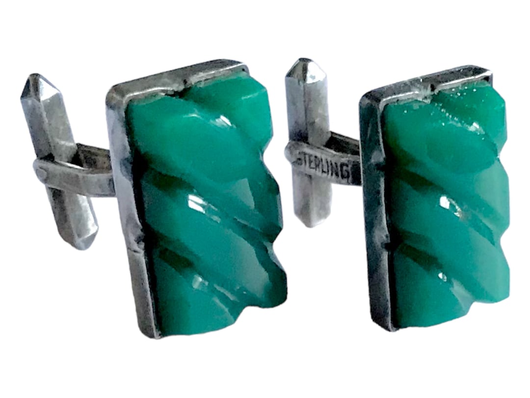 Vintage Sterling Silver Carved Jade Cufflinks, Dark Green Jade ...