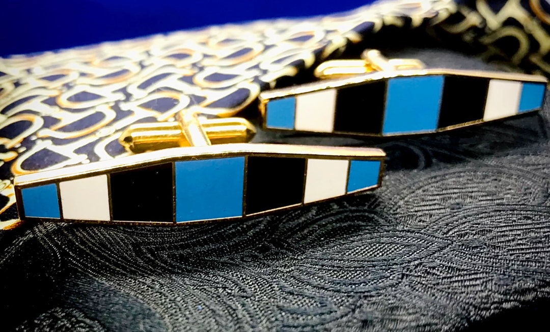 Cool Mod Vintage Blue Black White Retro Stripe Cufflink - Etsy