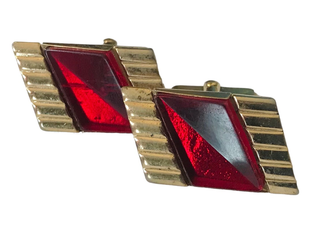 Cool Mid Century Modern Vintage Cufflinks, Gold Tone Red Vintage Cuff ...
