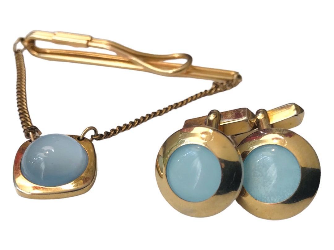 Vintage Gray Blue Green Seafoam Tie Chain Cufflink Set, Mid Century ...