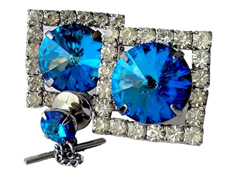Vintage Cufflinks Tie Pin Set With Big Boss Bling, Deep Iridescent Blue ...