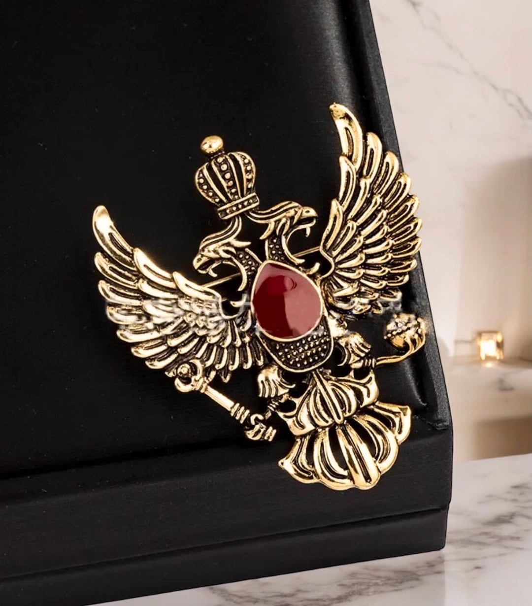 Noble Crest Lapel Pin, Goldtone Double Headed Crowned Eagles Royal ...