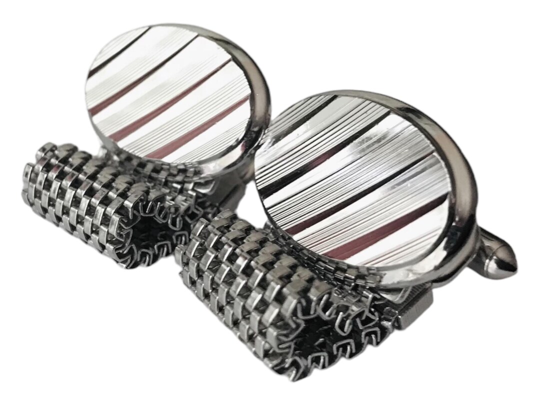 Silver-tone Vintage Mid Century Cufflinks, Oval Woven Mesh Wrap Chain ...