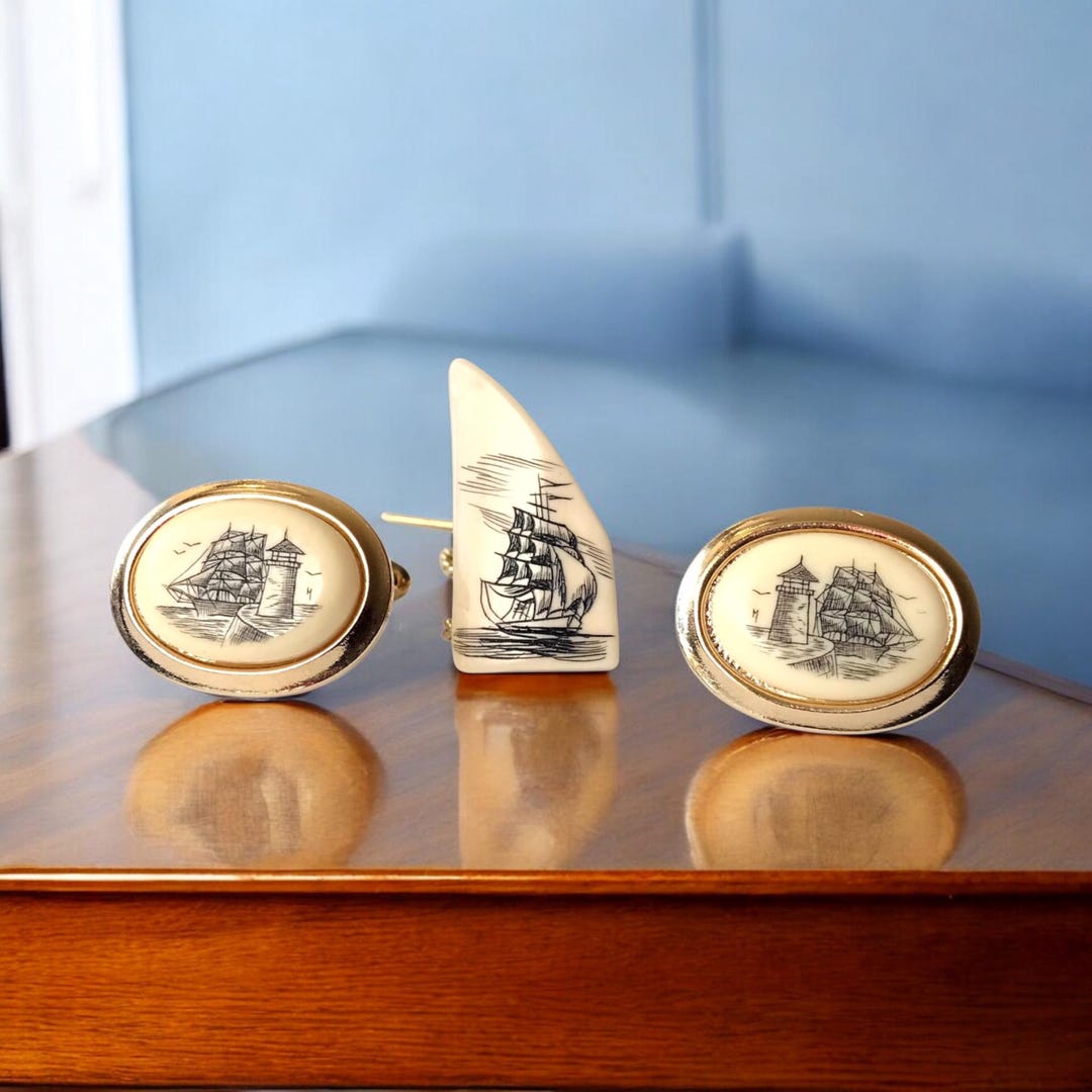 Vintage Ship Cufflinks and Tie Pin, Clipper Ship Theme, Faux Scrimshaw ...