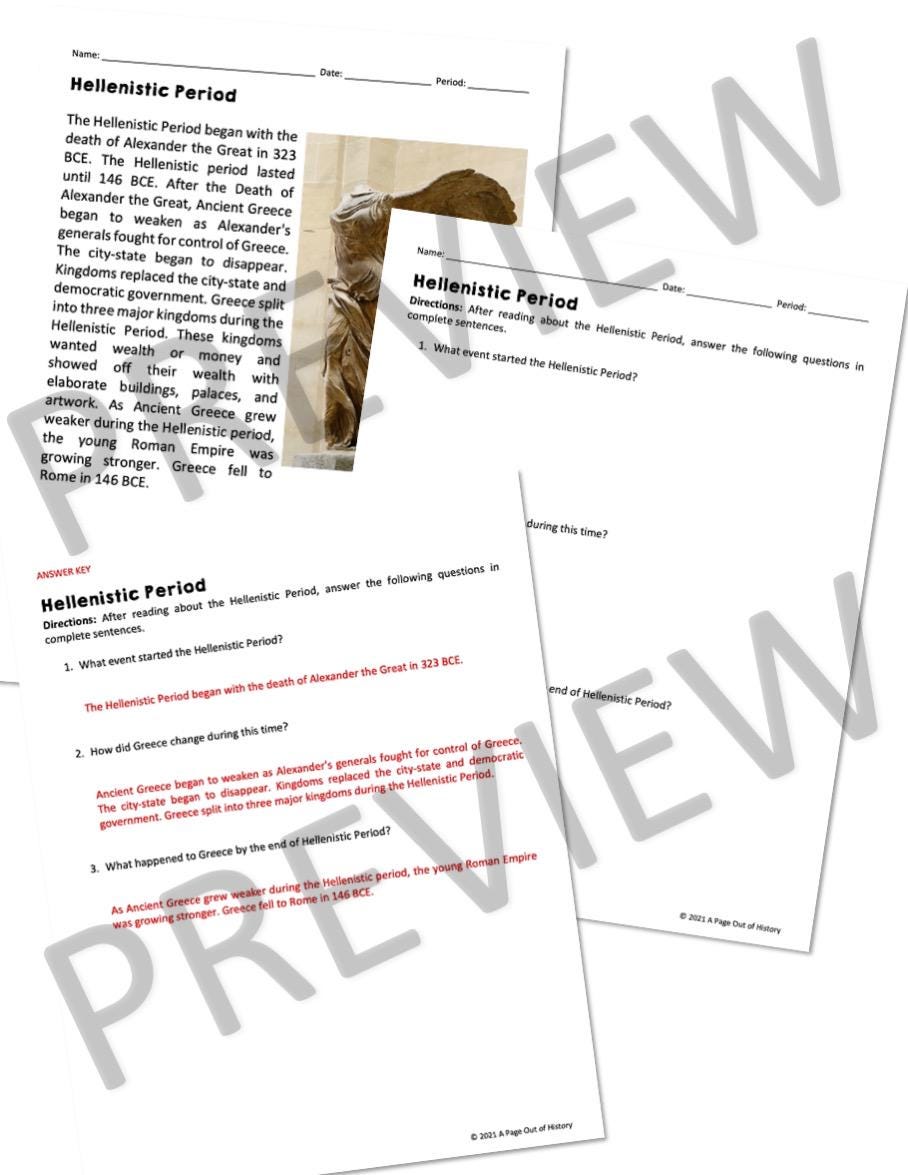 Hellenistic Period Ancient Greek History Reading Worksheets and Answer ...
