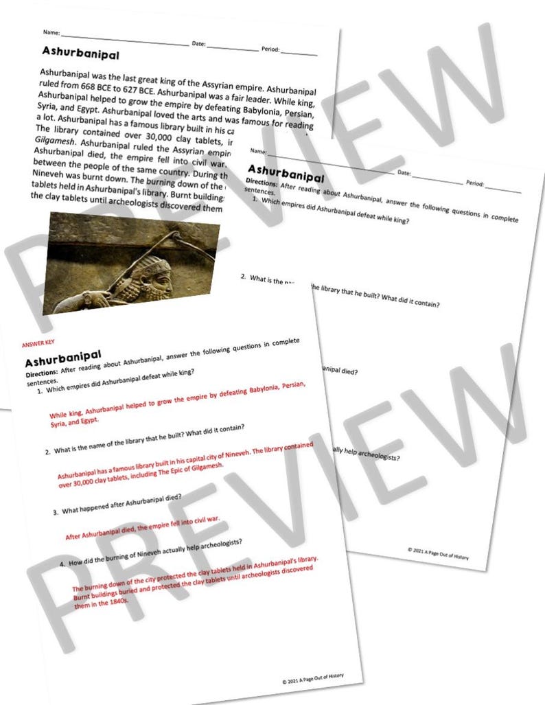 Ashurbanipal Ancient Mesopotamia Reading Worksheets and Answer Keys ...